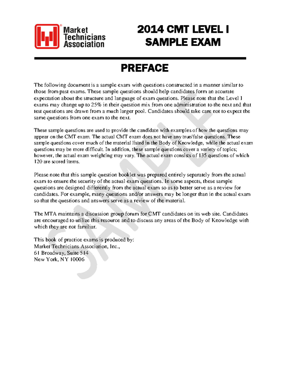 CMT Practice EXAM - CMT exam - 2014 CMT LEVEL I SAMPLE EXAM PREFACE The ...