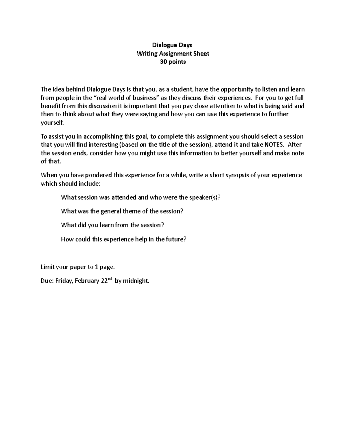 Dialogue Days Assignment - Dialogue Days Writing Assignment Sheet 30 ...