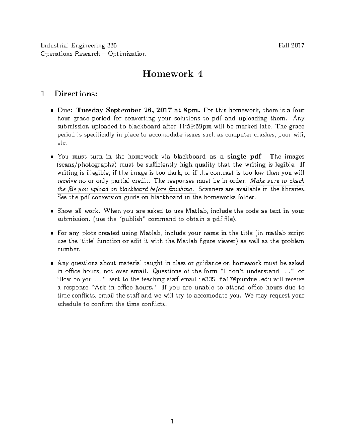 Homework 4 - Industrial Engineering 335 Fall 2017 Operations Research – Optimization Homework 4 ...