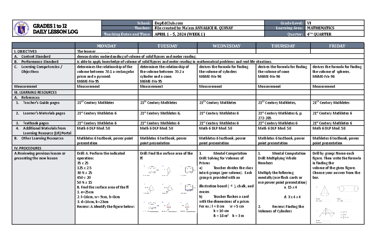 DLL Mathematics 6 Q4 W1 - GRADES 1 to 12 DAILY LESSON LOG School ...