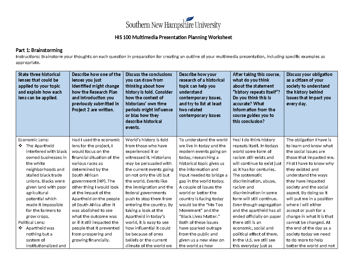 Presentation Planning Worksheet - State three historical lenses that ...