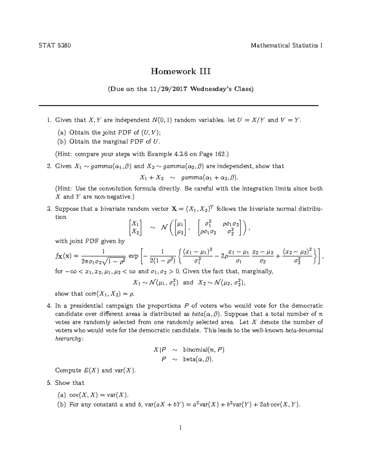 STAT-5380 Homework Solution 3 - STAT 5380 Mathematical Statistics I Homework III (Due on the ...