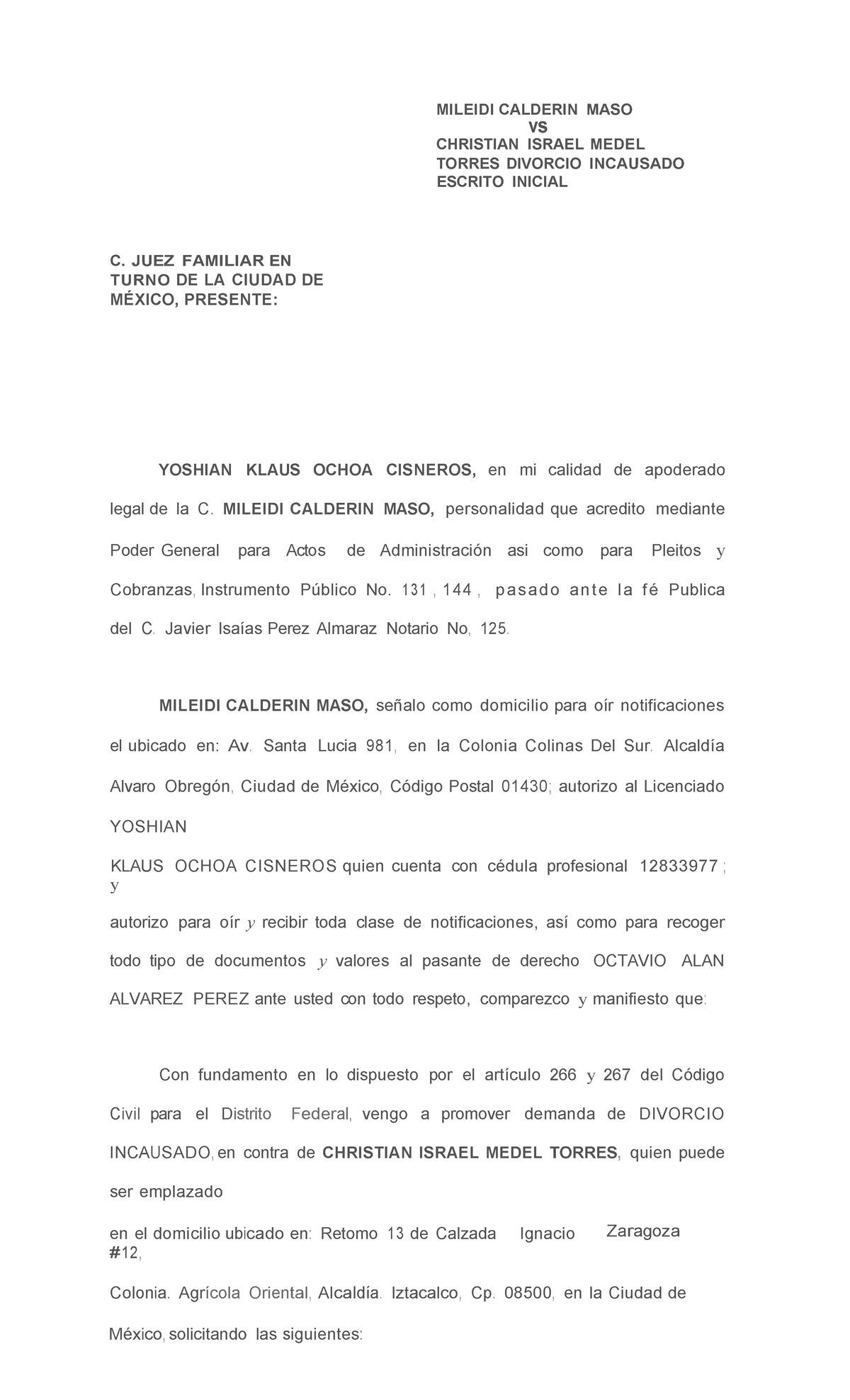 Divorcio Incausado - MILEIDI CALDERIN MASO vs CHRISTIAN ISRAEL MEDEL ...