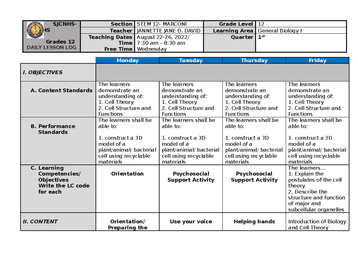 WEEK 1 - PRACTICE MATERIALS - SJCNHS- SHS Grades 12 DAILY LESSON LOG ...