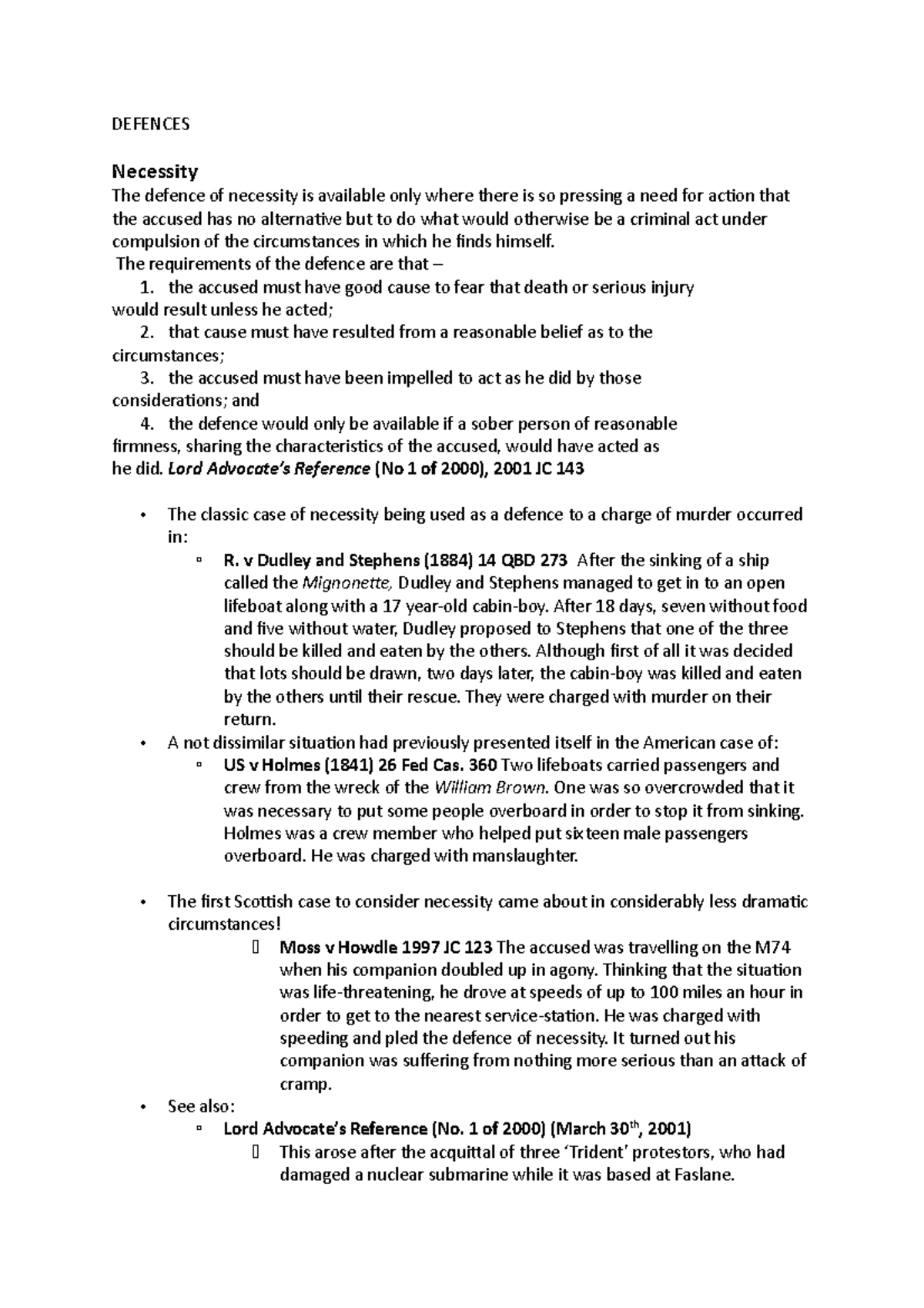 Defences - Lecture notes 9 - DEFENCES Necessity The defence of ...