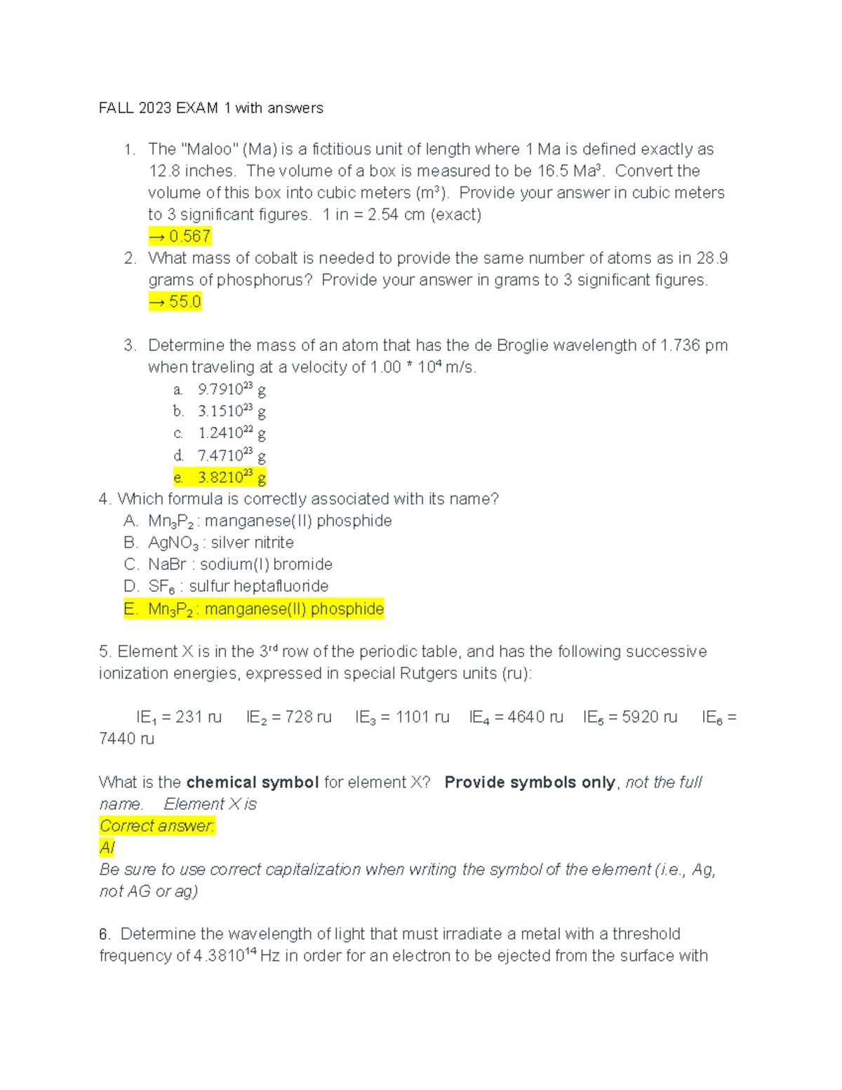 CHEM 161 - Fall 2023 Exam 1 - FALL 2023 EXAM 1 with answers 1. The "Maloo" (Ma) is a - Studocu