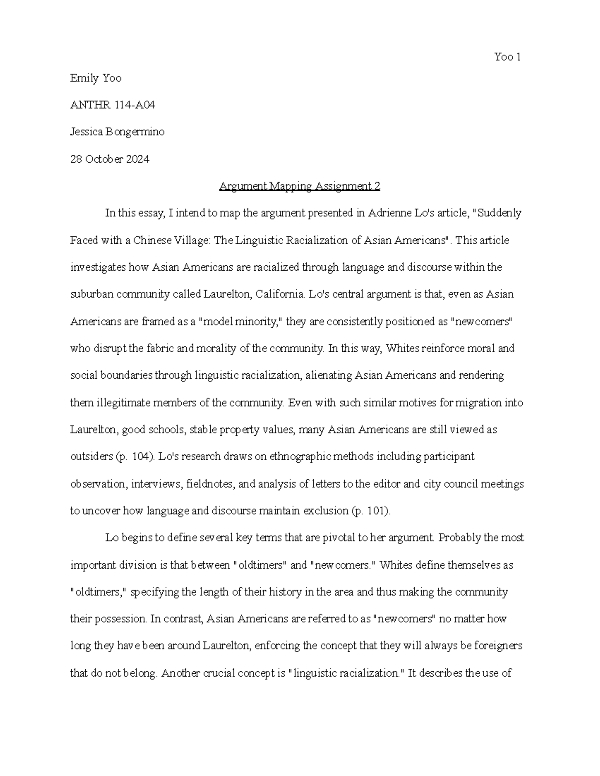 Anthr 114 Argument Mapping Assignment 2 - Emily Yoo ANTHR 114-A Jessica Bongermino 28 October ...