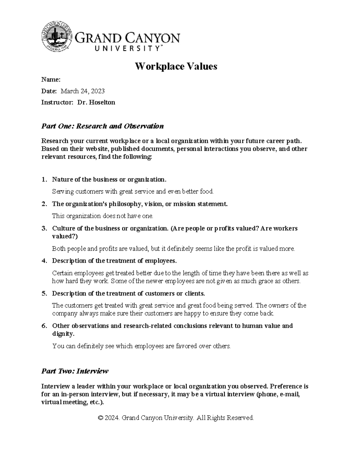 CWV316 - Workplace Values - Workplace Values Name: Date: March 24, 2023 ...