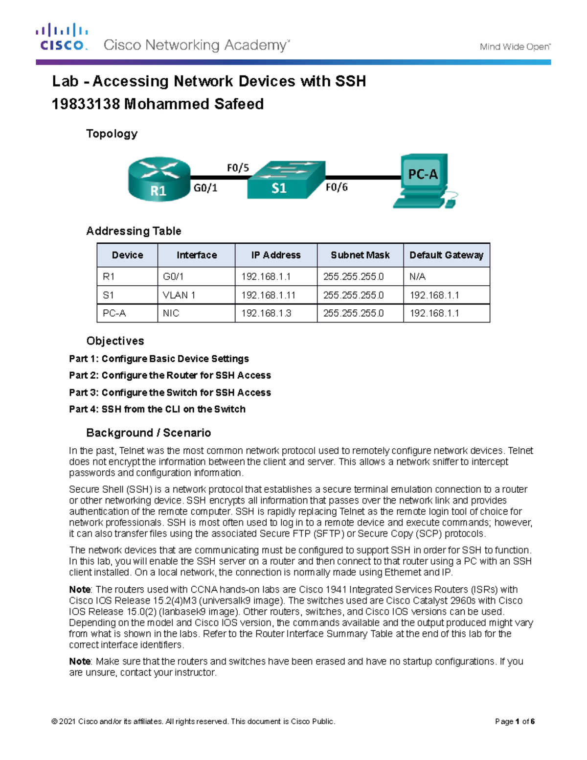Lab 9 - Accessing Network Devices with SSH - 19833138 Mohammed Safeed Topology Addressing Table ...