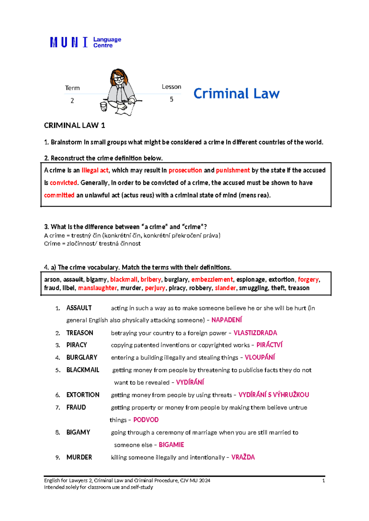 Lesson 5 - Criminal law - Vyplněné materiály podle hodin paní ...