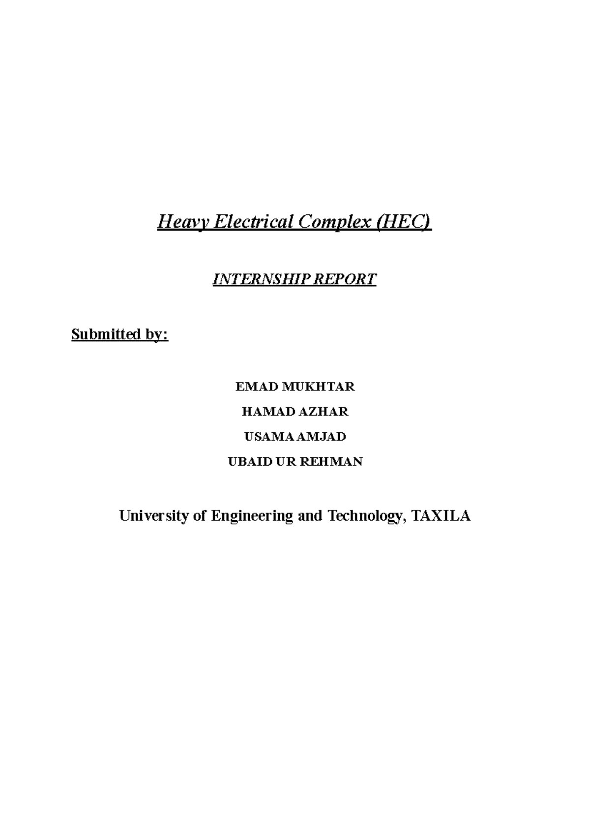 Report HEC - Heavy Electrical Complex (HEC) INTERNSHIP REPORT Submitted ...