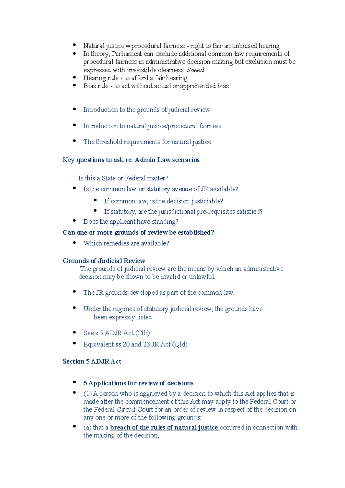 W4 Admin notes - Natural justice = procedural fairness - right to fair ...