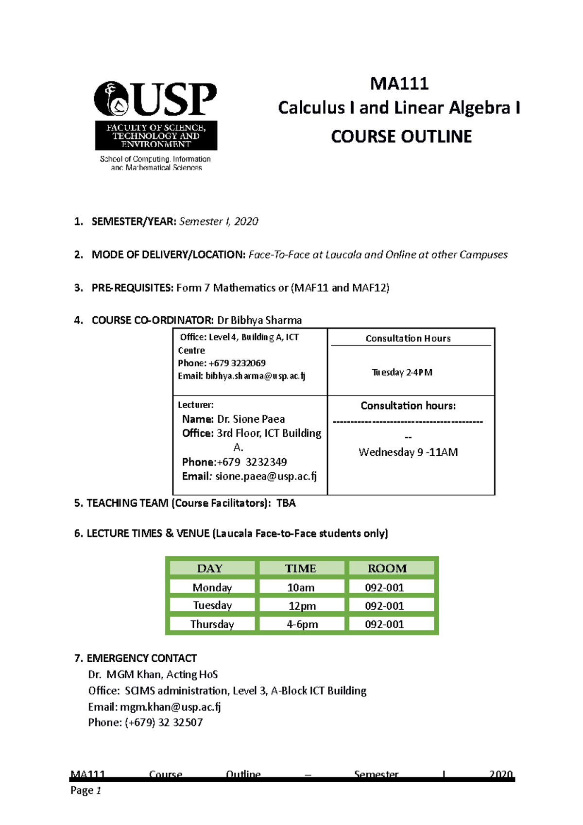 MA11 1 S1 2020 CO Semester 1 Course Outline - Intermediate Mathematics ...