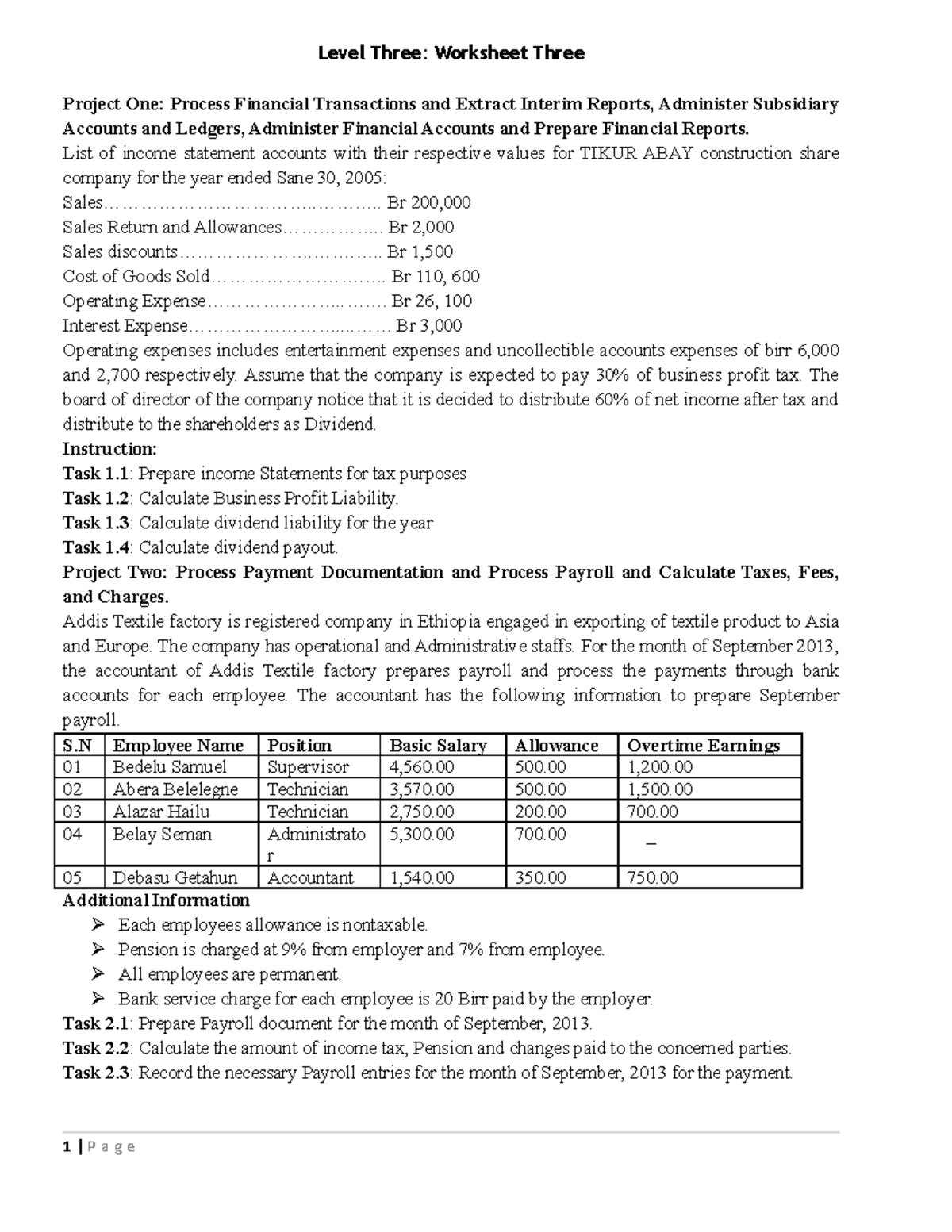 Exam 3-1 - COC - Level Three: Worksheet Three Project One: Process Financial Transactions and ...