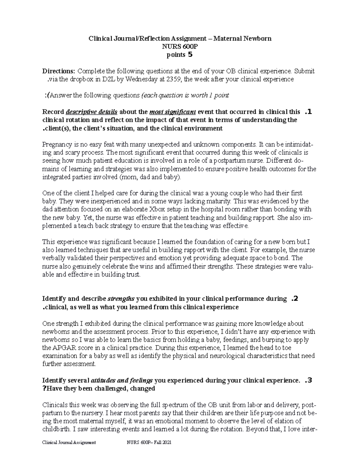 Au N Nurs600P OBReflection - Clinical Journal/Reflection Assignment ...