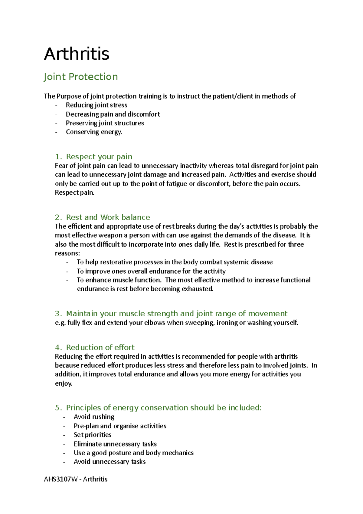 Arthritis Summary notes - Arthritis Joint Protection The Purpose of ...
