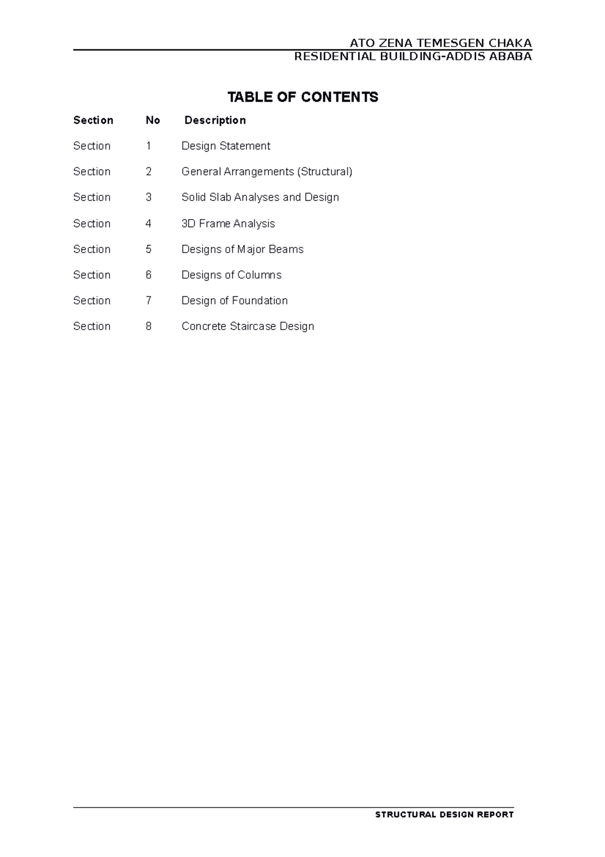 Zena Design Report - RESIDENTIAL BUILDING-ADDIS ABABA TABLE OF CONTENTS ...