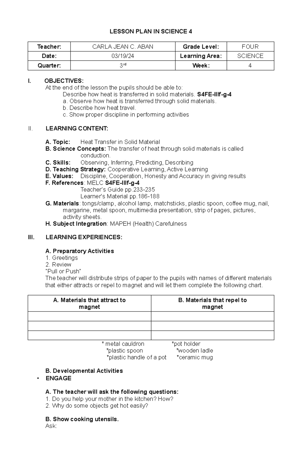 Lesson PLAN - LESSON PLAN IN SCIENCE 4 Teacher: CARLA JEAN C. ABAN ...
