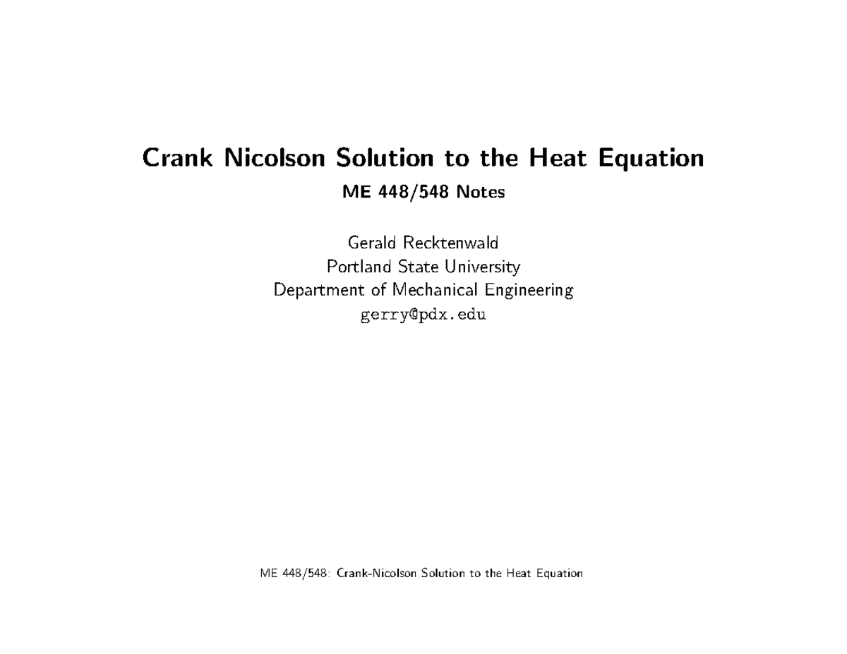 Crank-Nicolson Solution to the Heat Equation - Crank Nicolson Solution ...