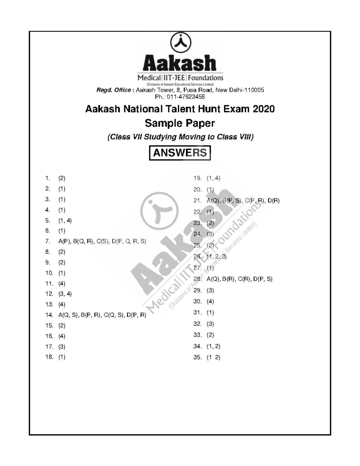 Anthe 2020 FDN (VII moving to VIII) Sample Paper Ans Sol - Regd. Office ...