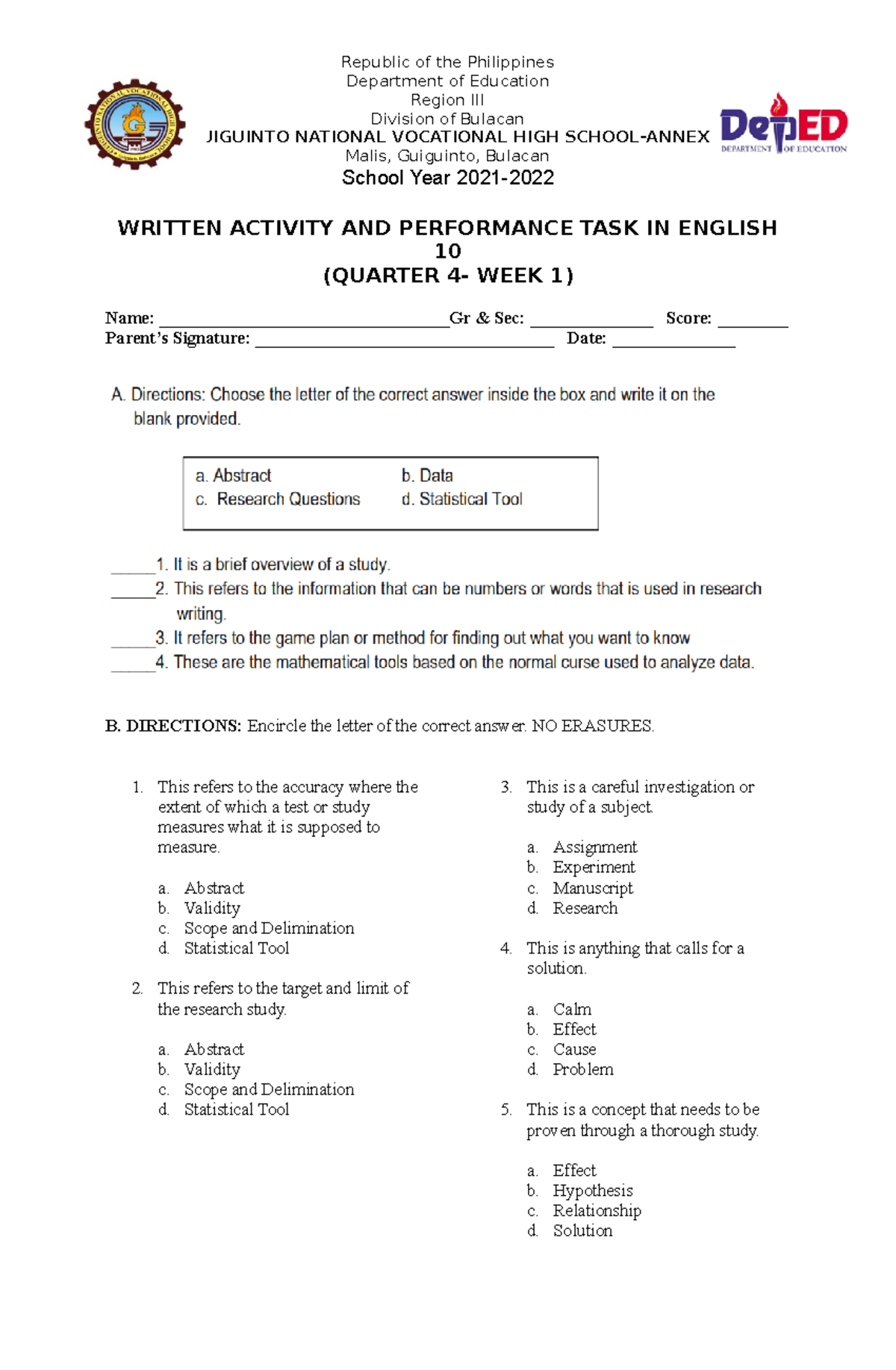 ENG 10 Worksheet Q4 WEEK 1 - Republic of the Philippines Department of ...