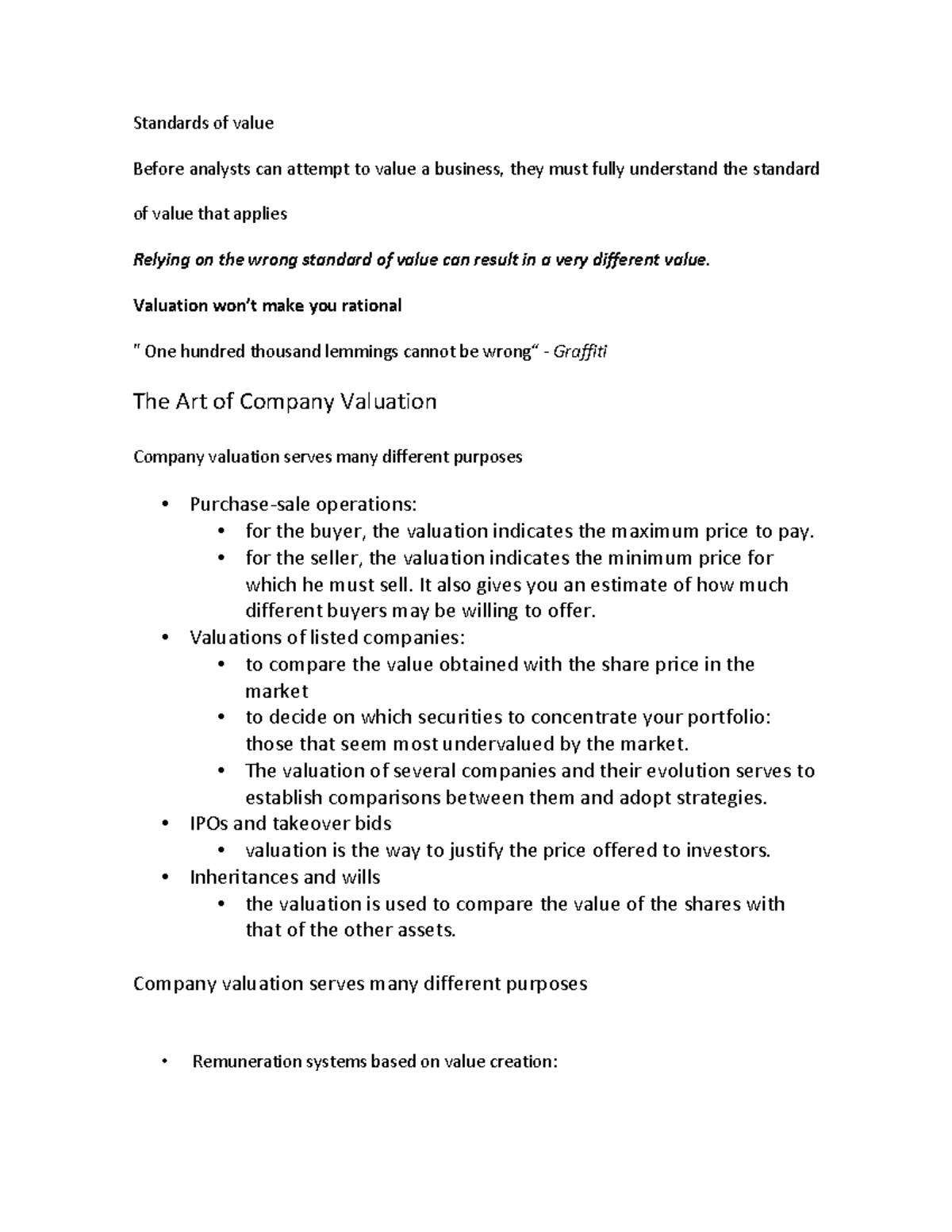 Estandares de la valuacion - Standards of value Before analysts can ...