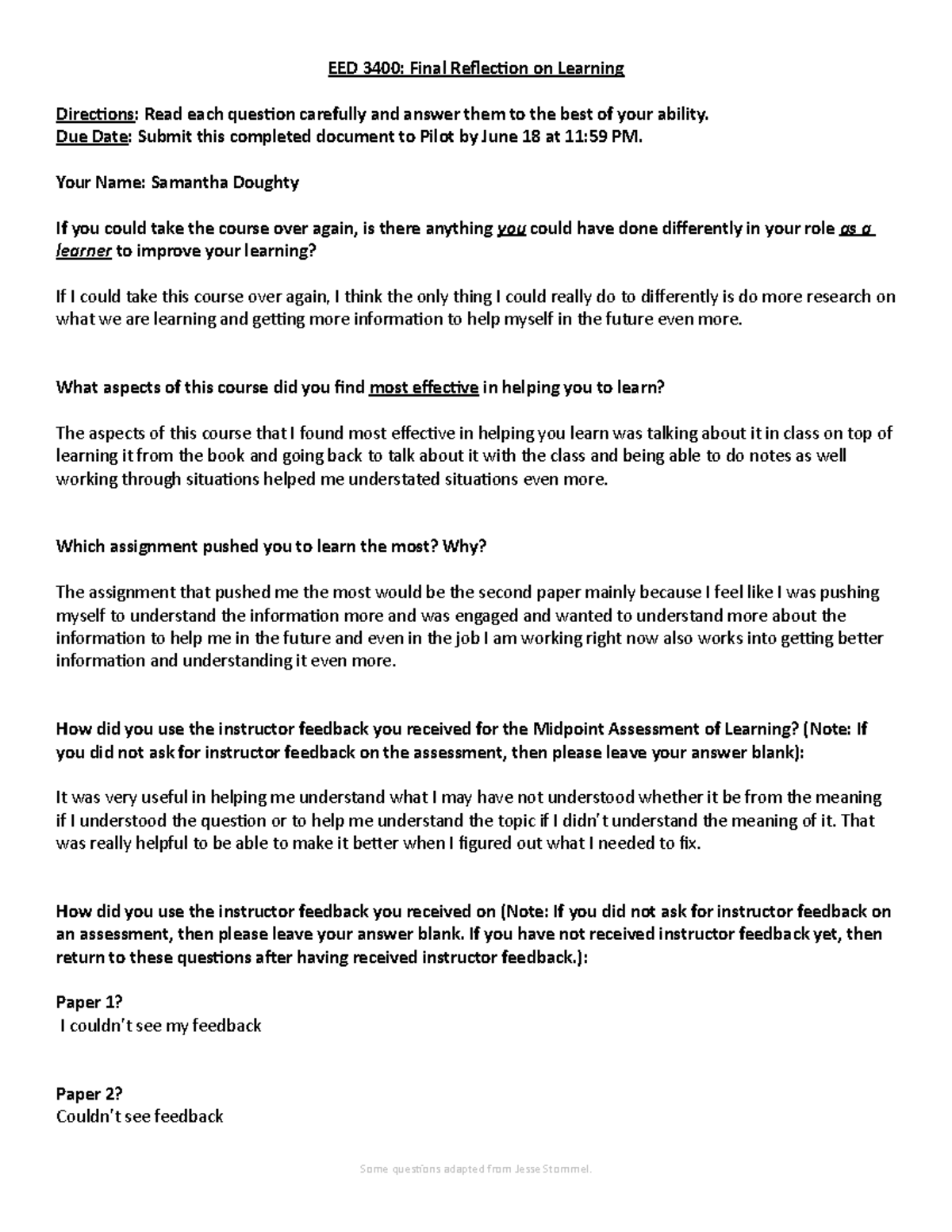 Final Reflection on Learning - EED 3400: Final Reflection on Learning ...