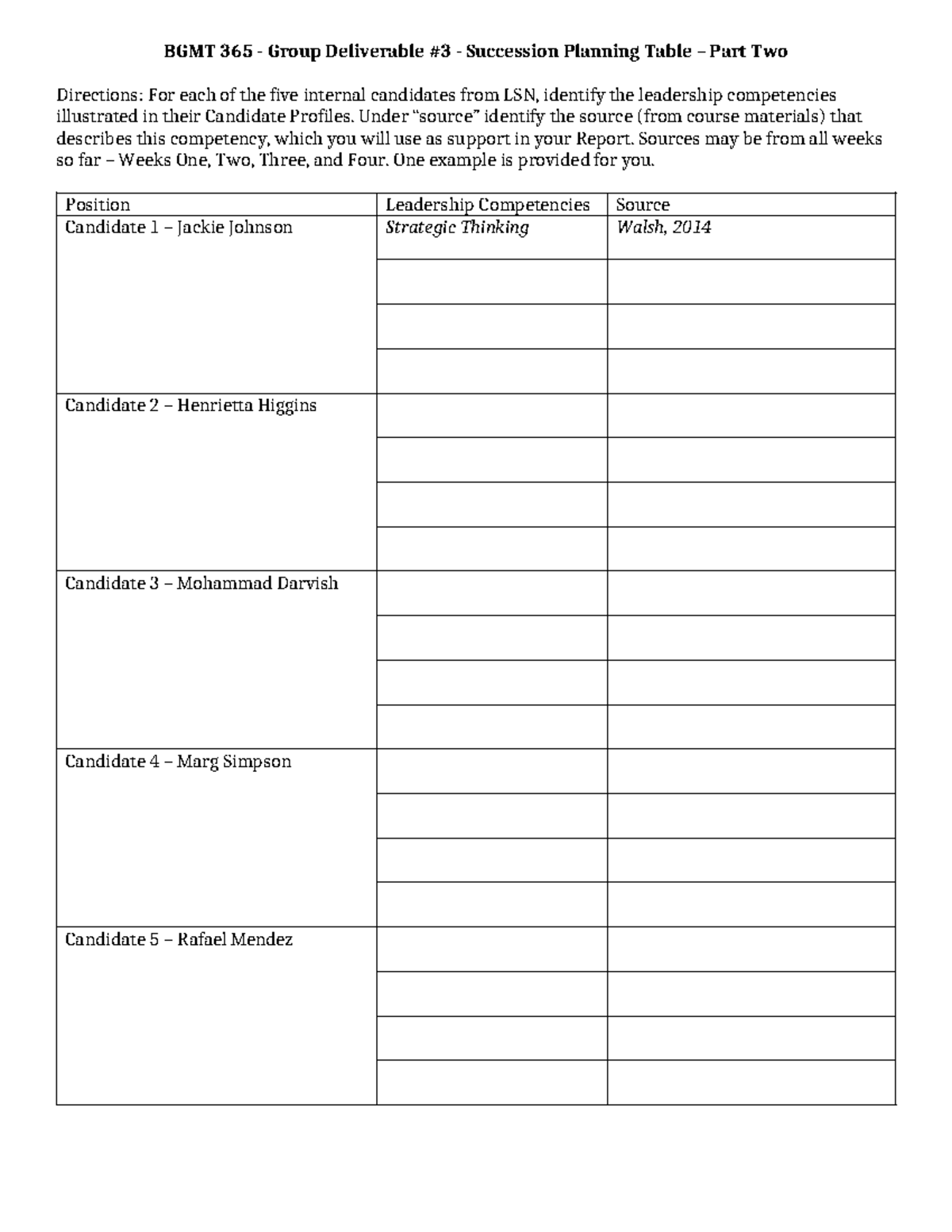 Succession Planning Table Part Two - BGMT 365 - Group Deliverable #3 ...