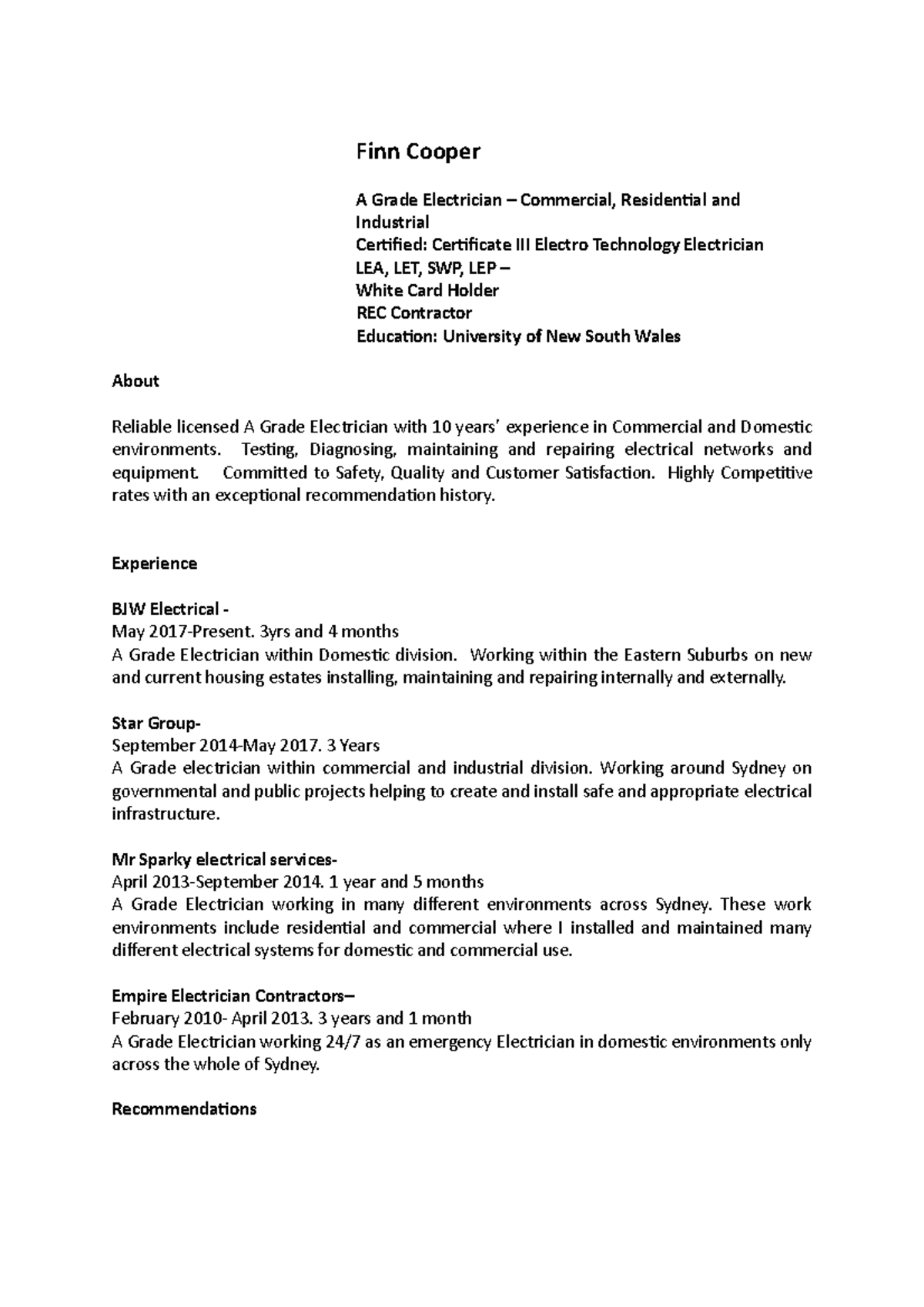 Finn Cooper - notes - Finn Cooper A Grade Electrician – Commercial ...