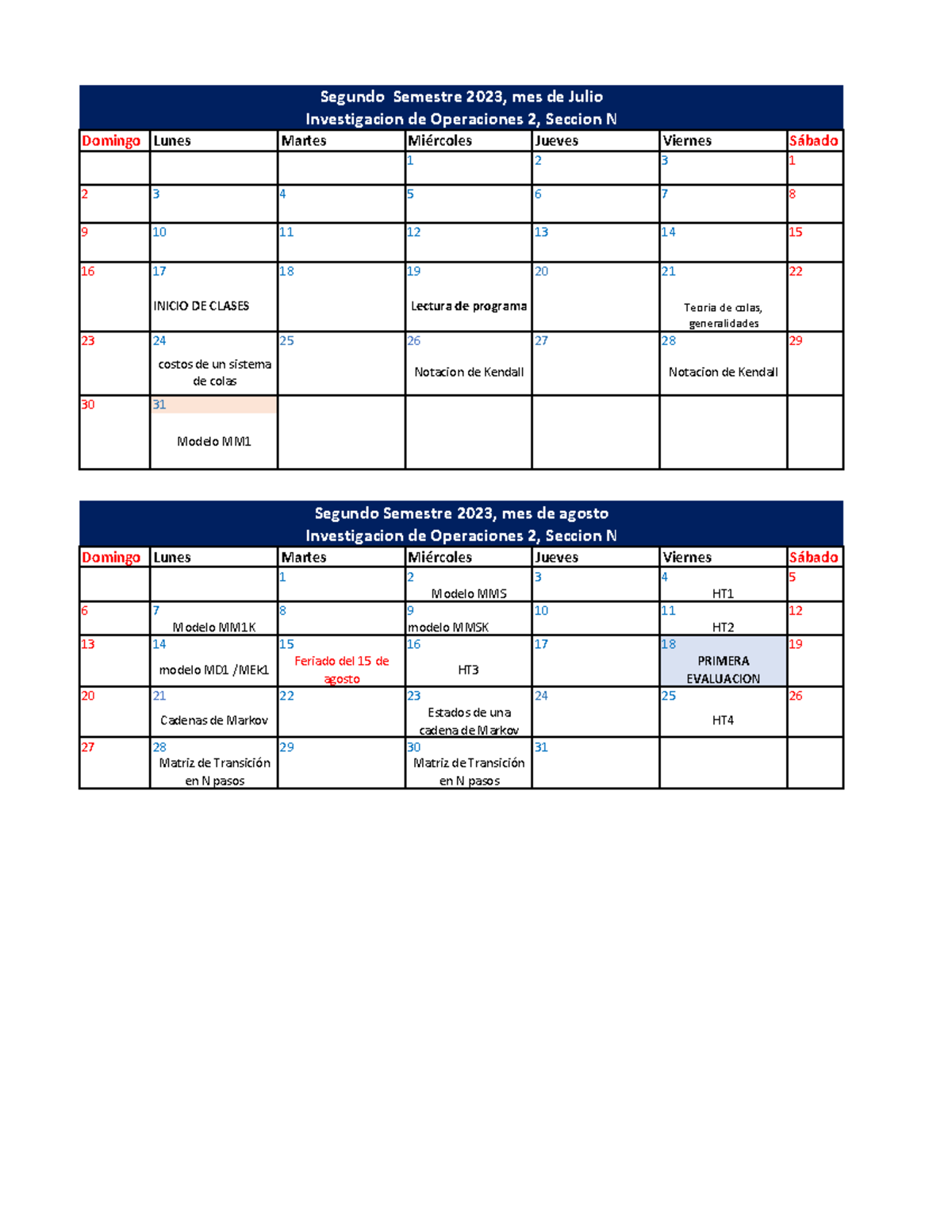 Calendario IO2 2S23 - sfhj, - Domingo Lunes Martes Miércoles Jueves ...