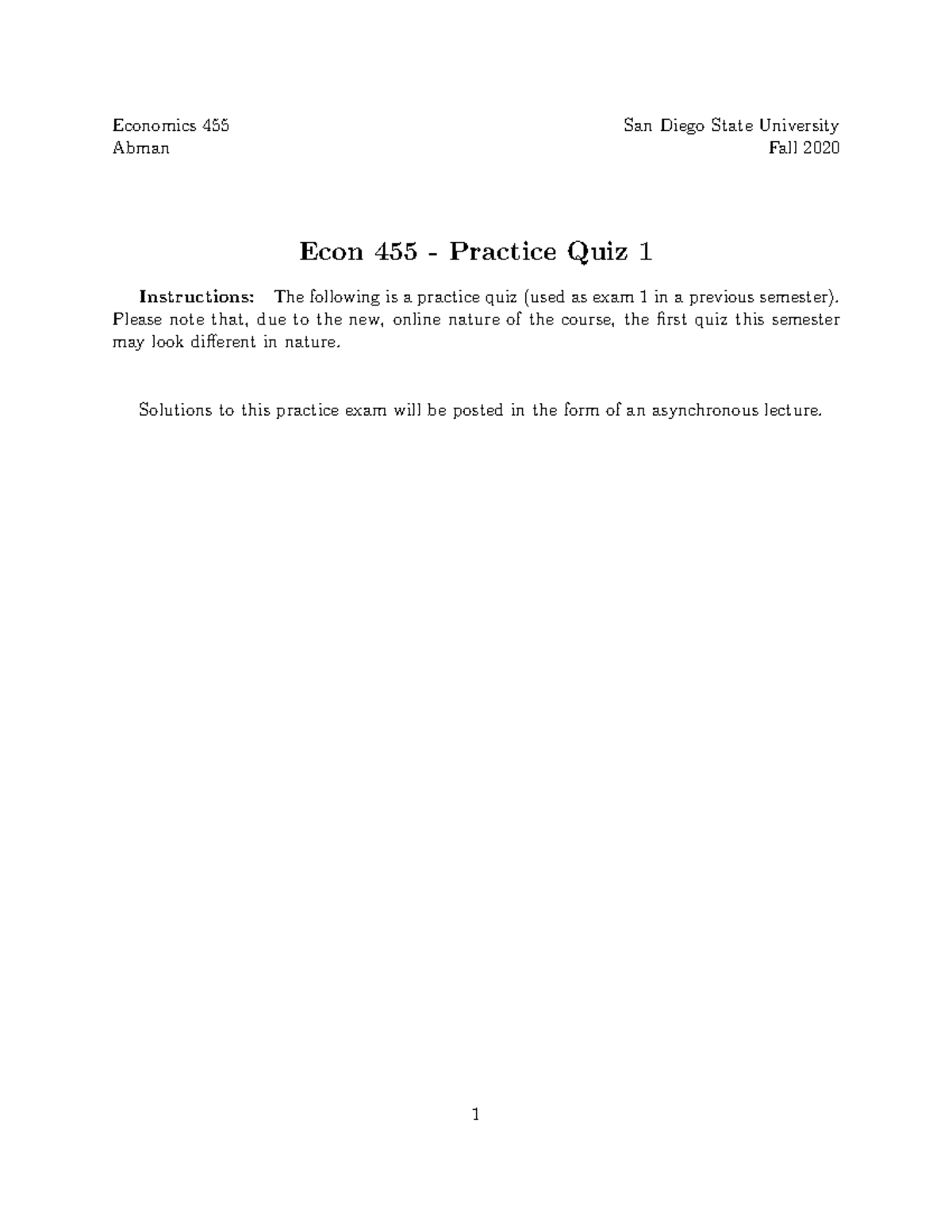 455 F 19 E1 - sss - Economics 455 San Diego State University Abman Fall ...