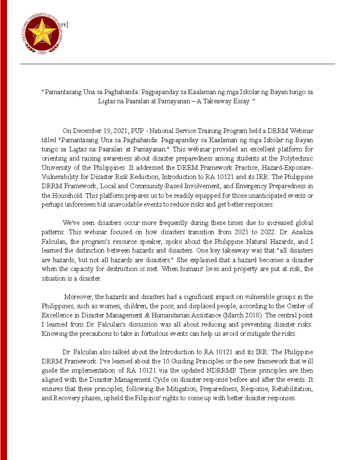 Disaster Risk Reduction Management - [Type here] “Pamantasang Una sa ...