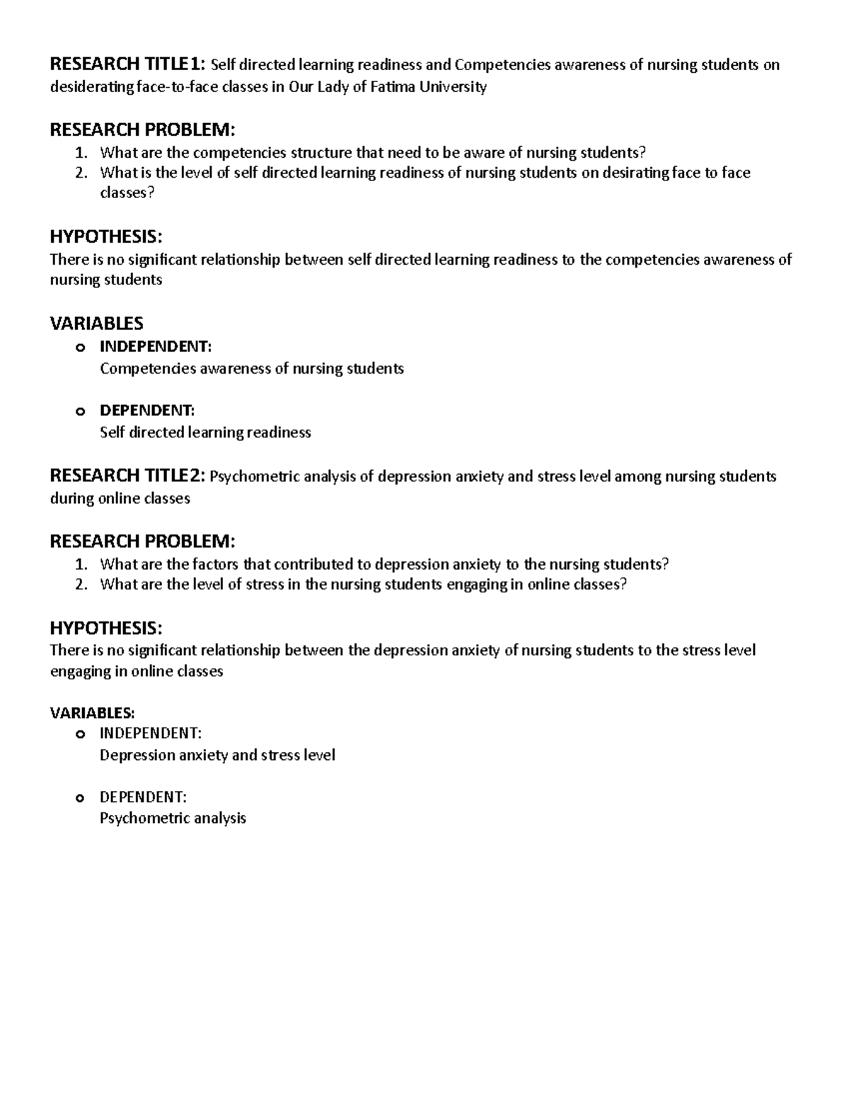 Research- titles nursing - RESEARCH TITLE1: Self directed learning ...