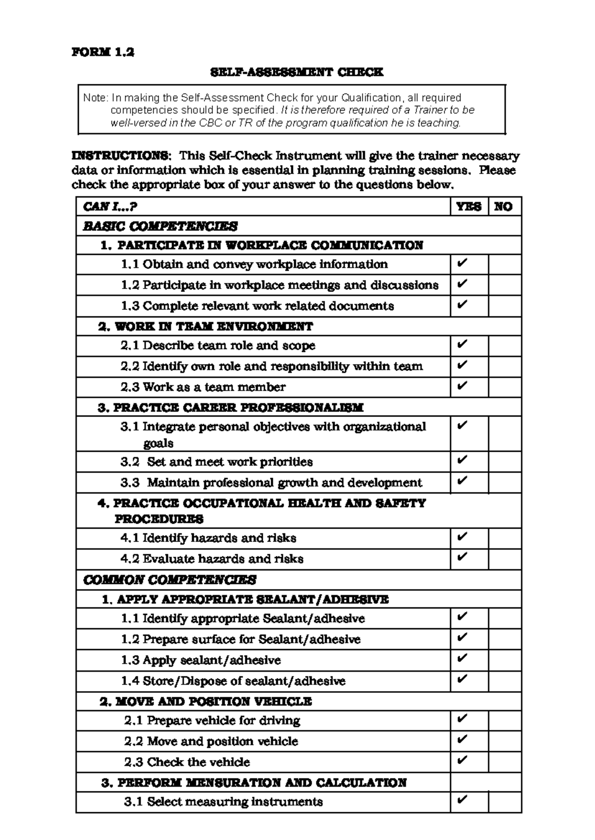 Form-1 - CBLM for driving - FORM 1. SELF-ASSESSMENT CHECK Note: In making the Self-Assessment ...