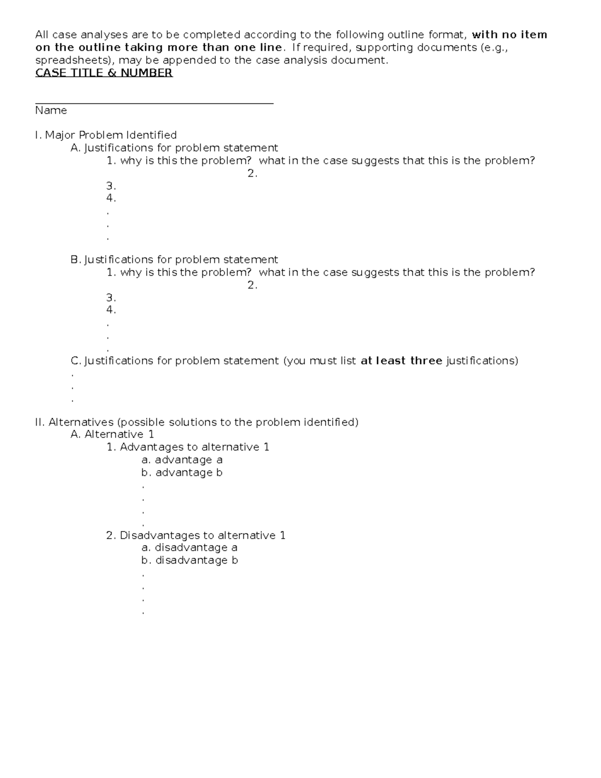 Format for Case Analysis Outline - All case analyses are to be ...