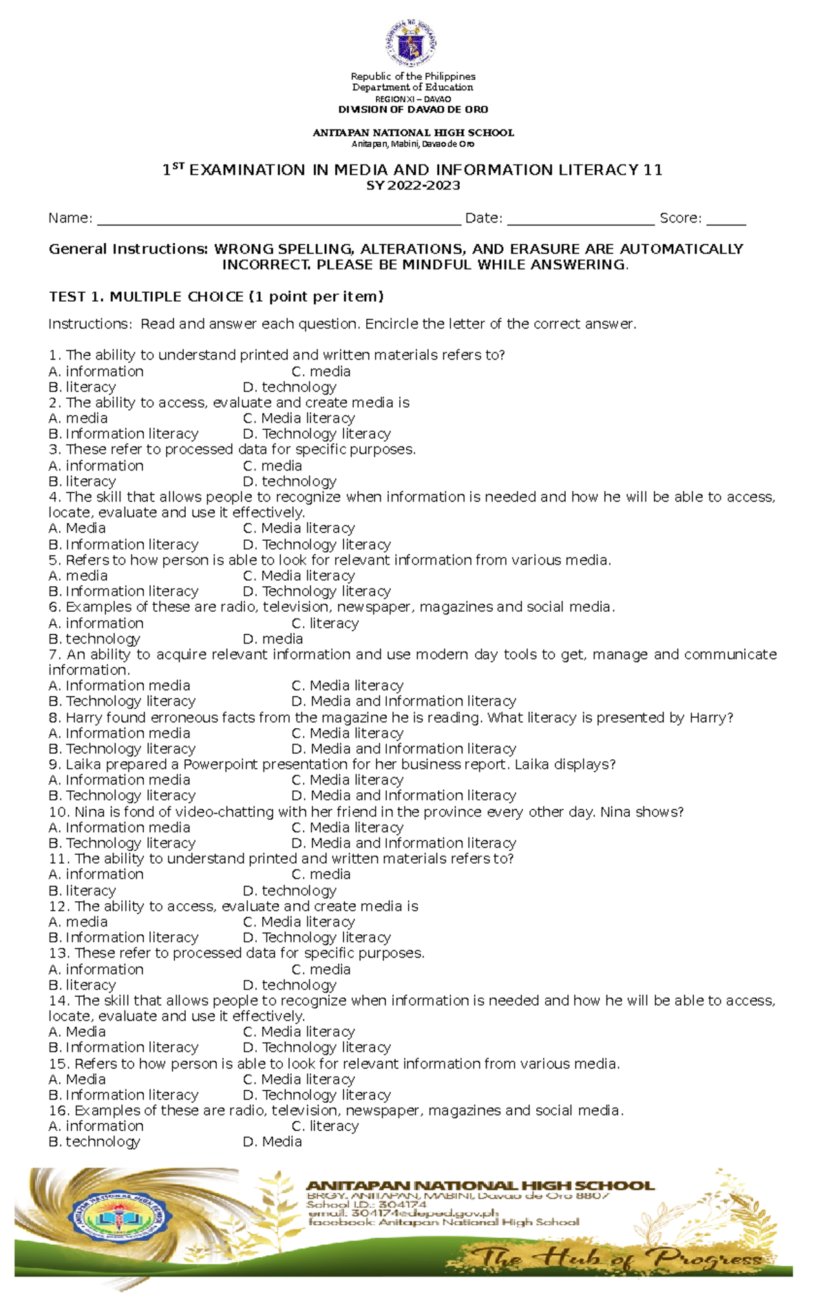 1ST EXAM IN Media AND Information Literacy - Republic of the ...