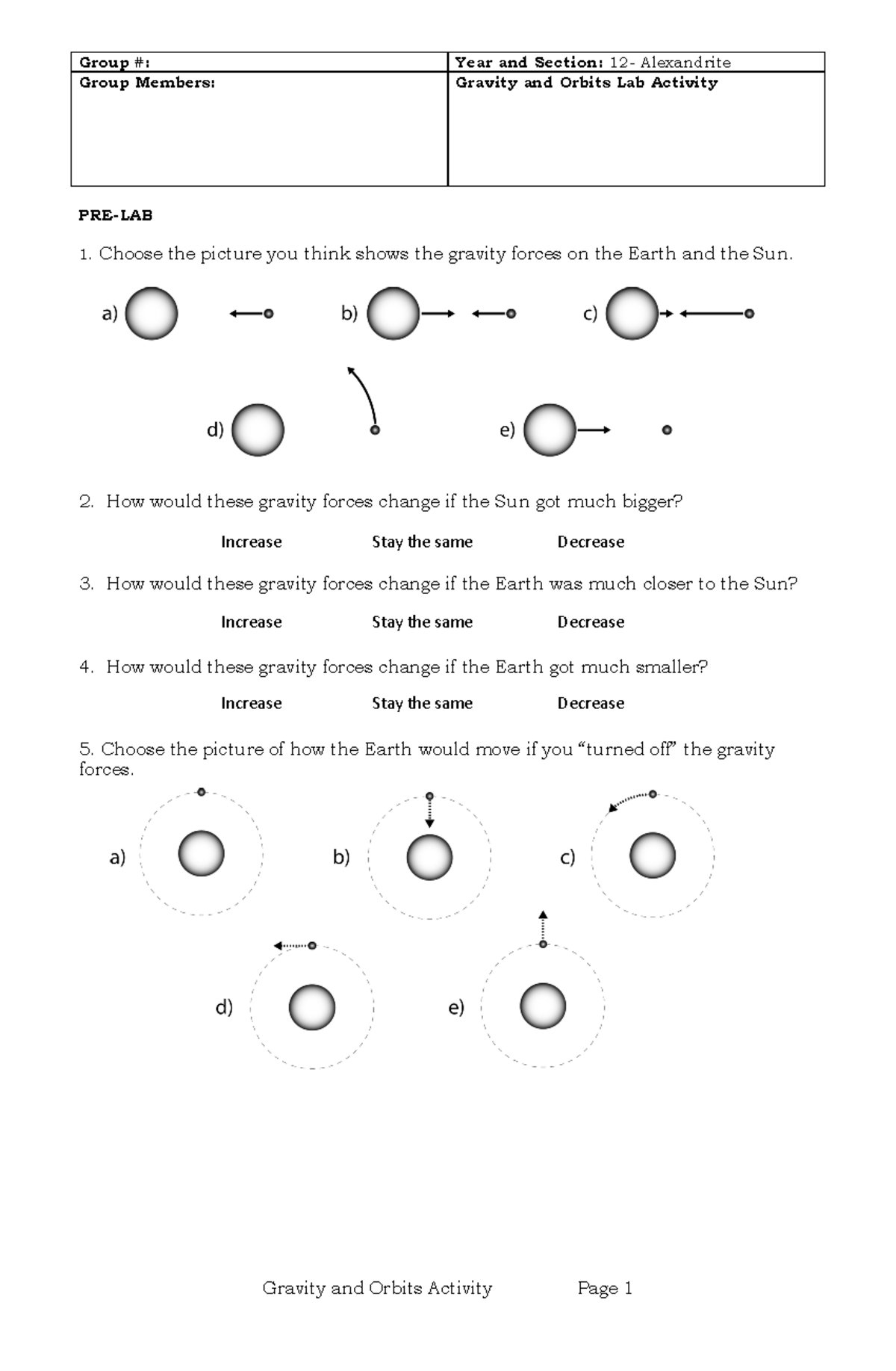 Gravity And Orbits-Student Activity - Increase Stay the same Decrease ...