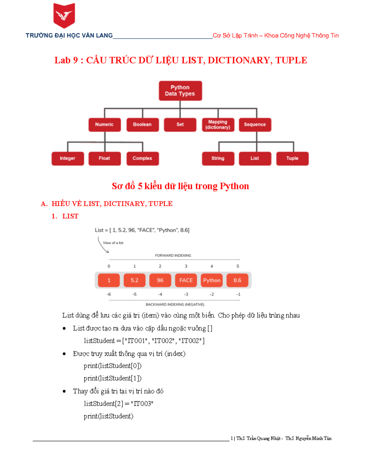 Lab 9 Cấu Trúc Dữ Liệu List Dictionary Tuple Trong Python - Lab 9 : CẤU TRÚC DỮ LIỆU LIST, - Studocu