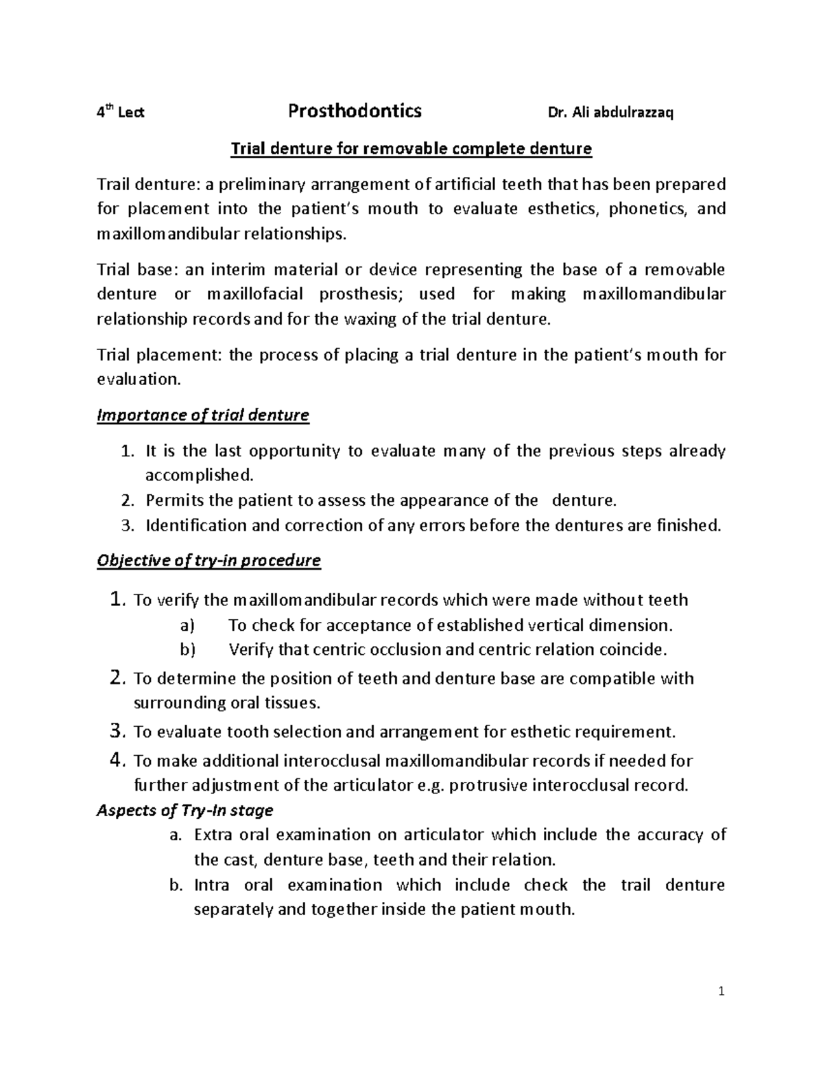 Prosthetic lect 20 - 4 th Lect Prosthodontics Dr. Ali abdulrazzaq Trial ...