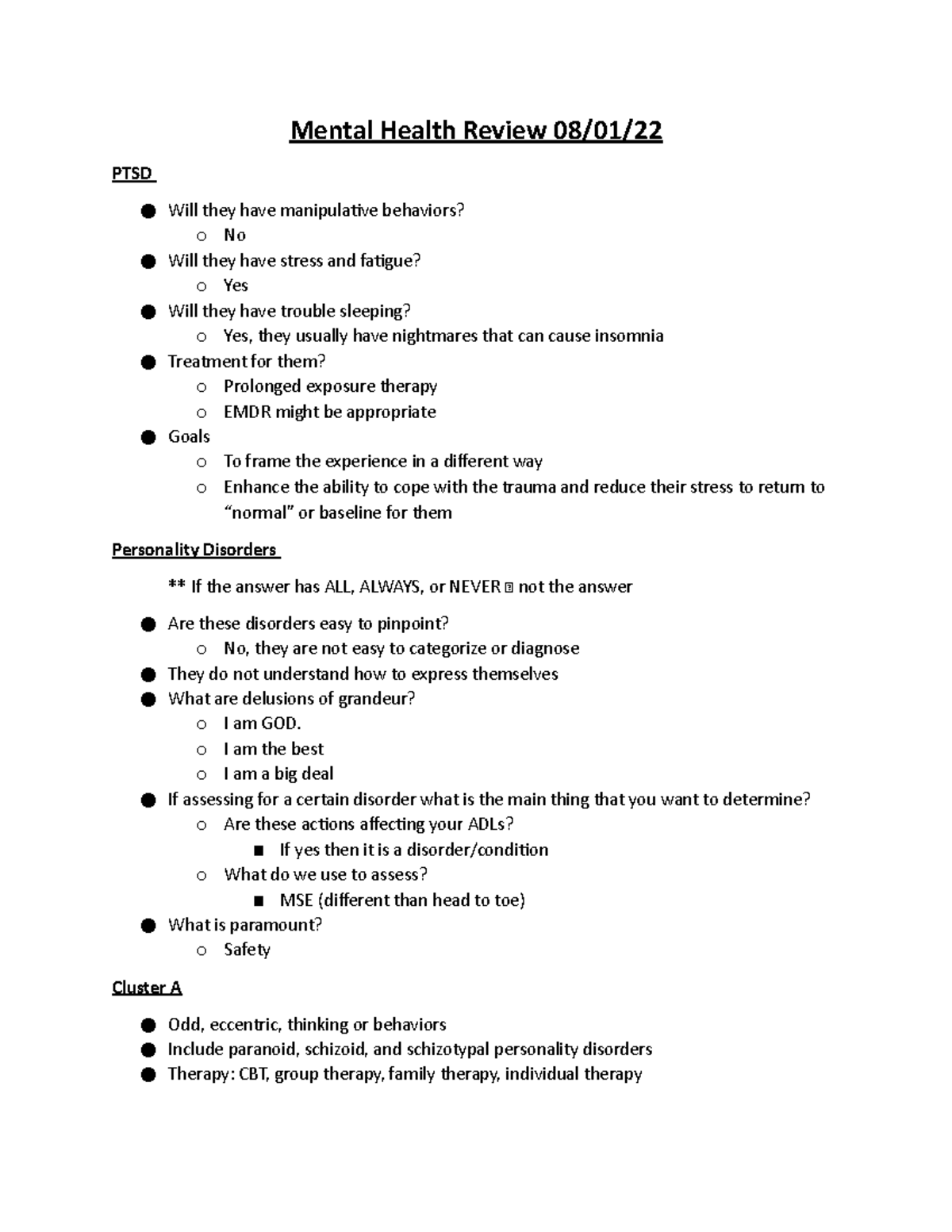 Mental Health Review Exam 4 [11] - Mental Health Review 08/01/ PTSD ...