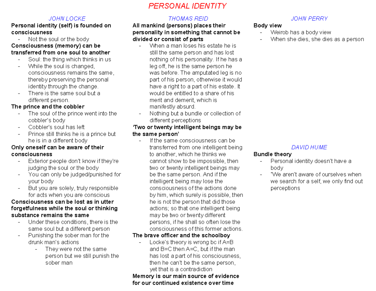 PHIL 230 Final - Lecture notes 20 - PERSONAL IDENTITY JOHN LOCKE ...