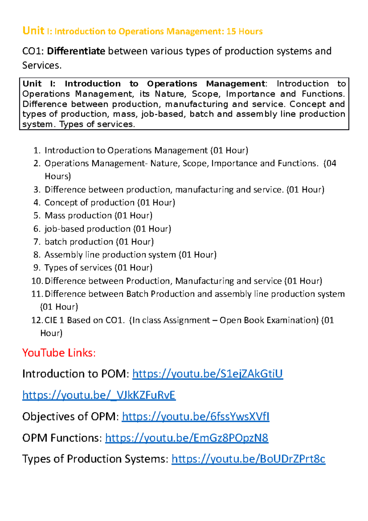 Unit 1 - BBA STUDY MATERIAL - Unit I: Introduction to Operations ...