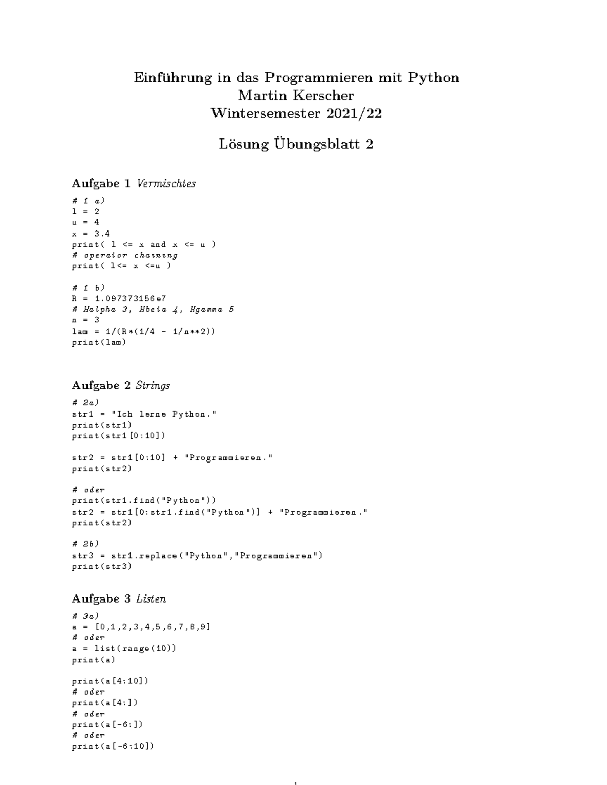 Lösung zum Übungsblatt 2 - Einfuhrung in das Programmieren mit Python ̈ ...