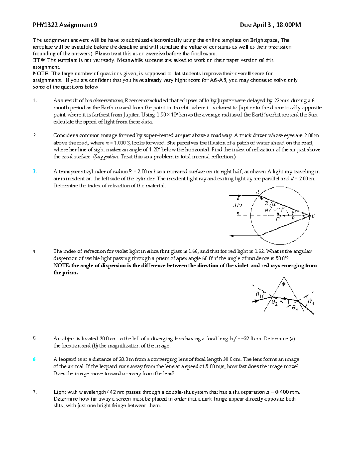 Assignment 9 no answers - PHY1322 Assignment 9 Due April 3 , 18:00PM ...