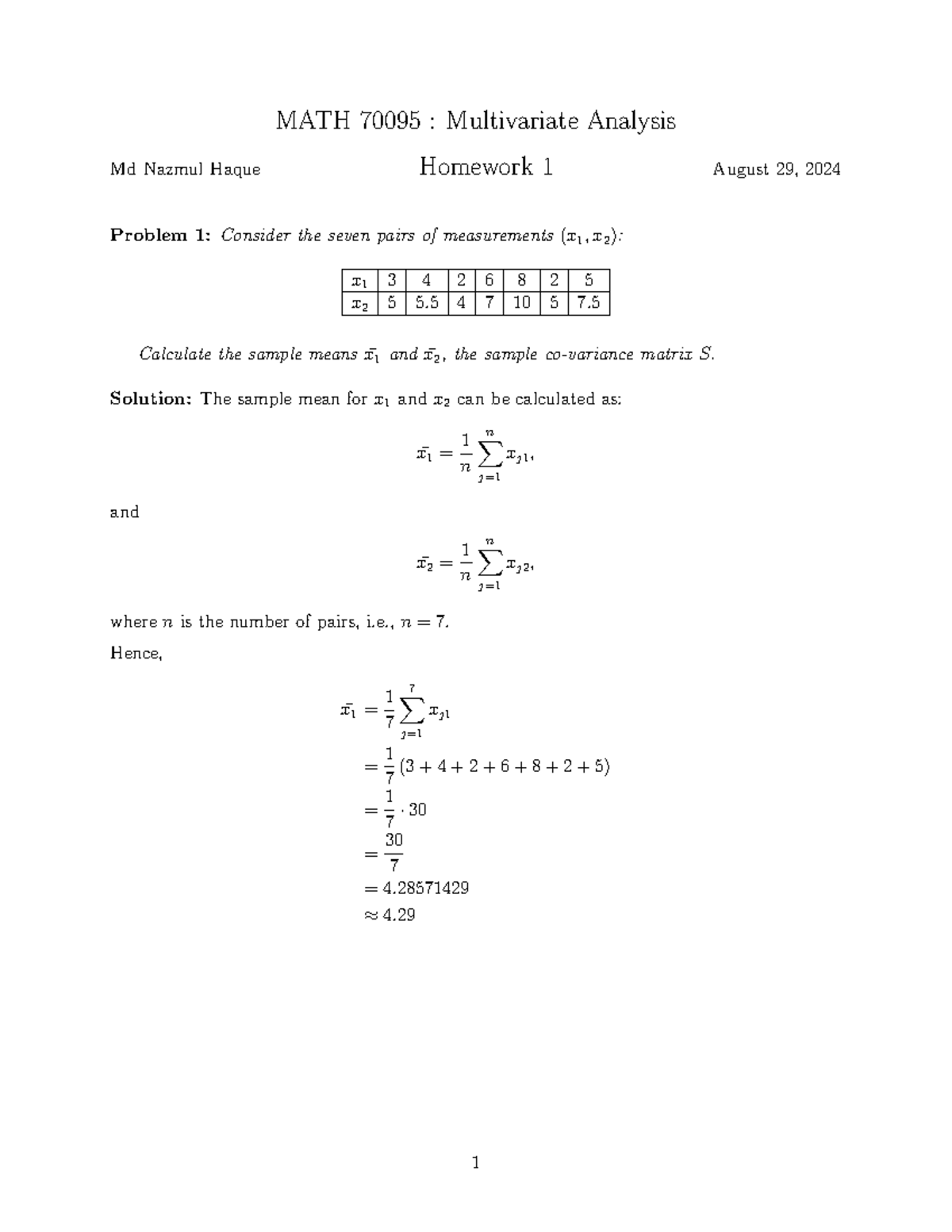 Homework 1 (Multivariate) - MATH 70095 : Multivariate Analysis Md ...