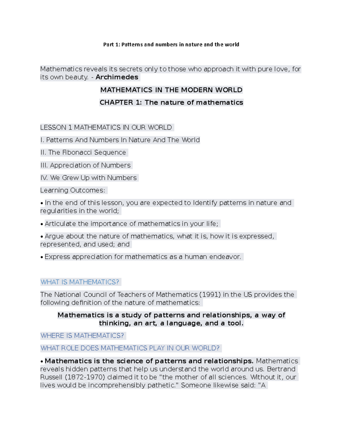 Math-prelims-Part-1234 - Part 1: Patterns and numbers in nature and the ...