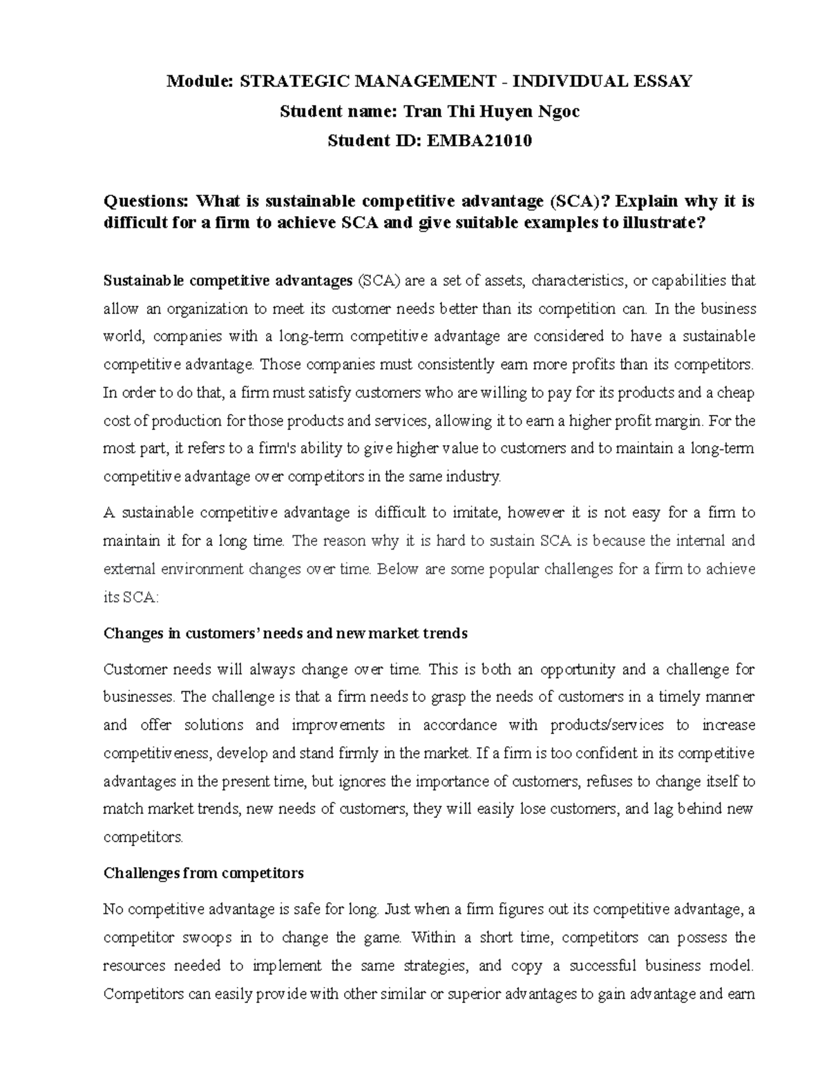 Individual essay - New - Module: STRATEGIC MANAGEMENT - INDIVIDUAL ...