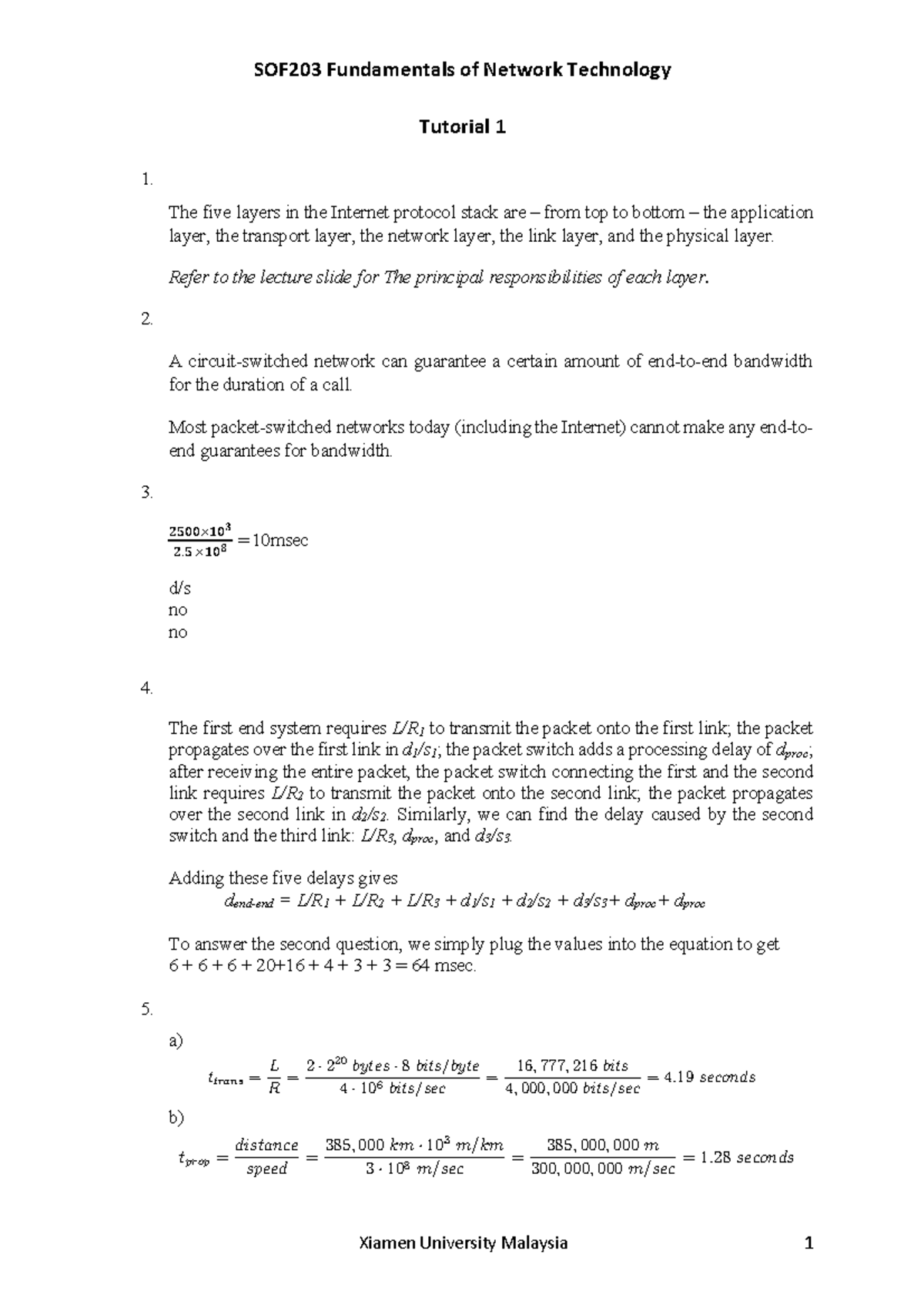 SOF203 Tutorial 1 Sol Upload - SOF203 Fundamentals of Network Technology Xiamen University ...