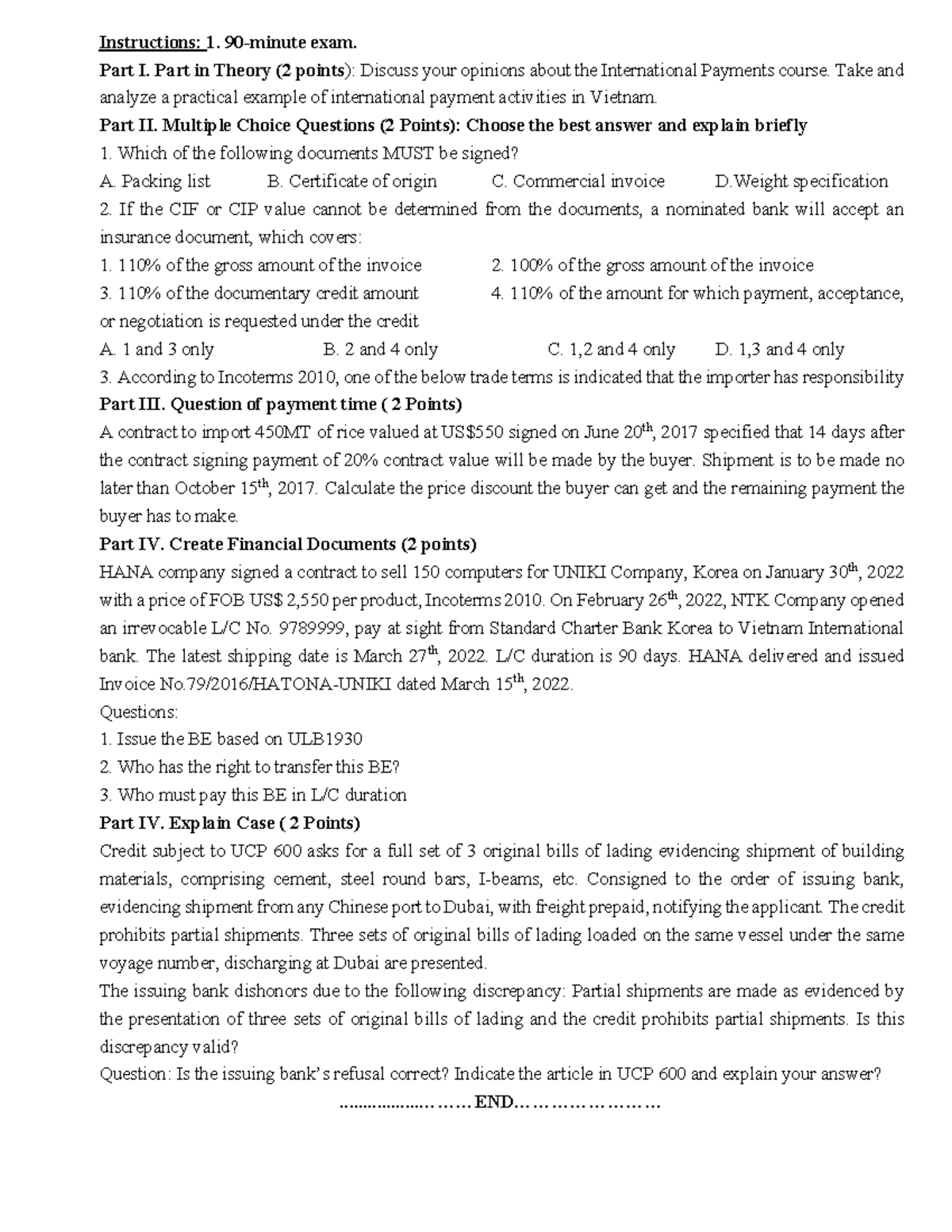 Mid term international Payments 2022 - Instructions: 1. 90-minute exam ...