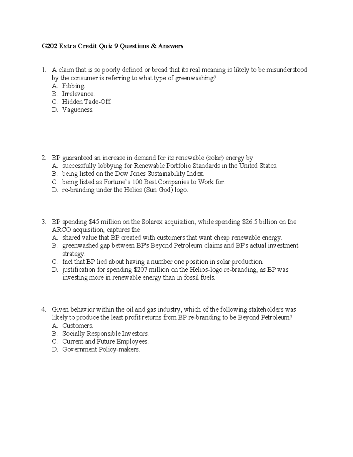 Extra Credit Quiz 9 & Top Hat Answerkey - G202 Extra Credit Quiz 9 ...